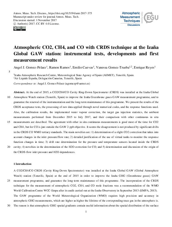 (PDF) Atmospheric CO2, CH4, and CO with CRDS technique at the Izaña Global GAW station ...
