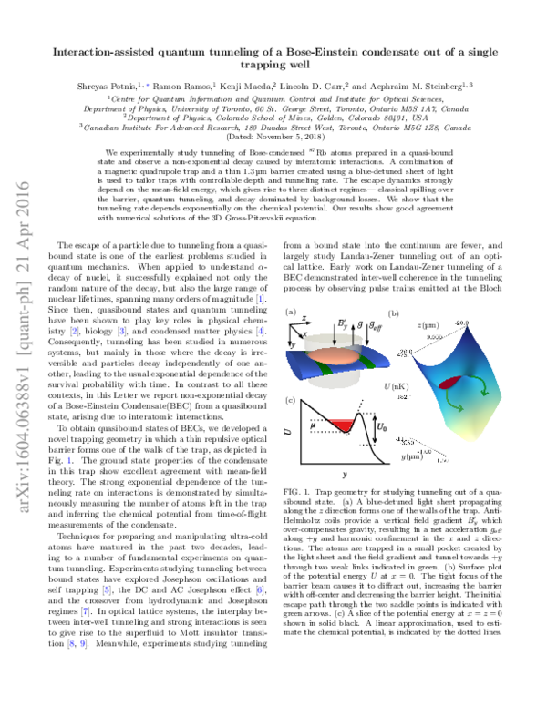 (PDF) Interaction-Assisted Quantum Tunneling of a Bose-Einstein Condensate Out of a Single ...