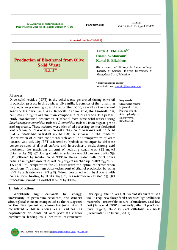 (PDF) Production of Bioethanol from Olive Solid Waste "JEFT