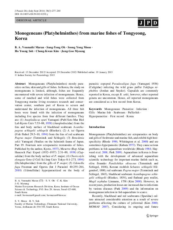 (PDF) Monogeneans (Platyhelminthes) from marine fishes of Tongyeong, Korea | Seong Yong Moon ...