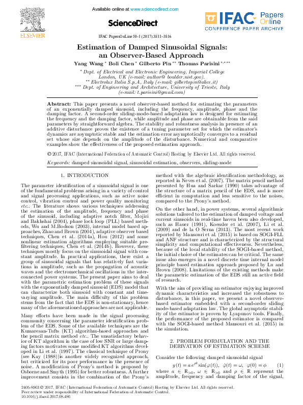 Pdf Estimation Of Damped Sinusoidal Signals An Observer Based Approach Gilberto Pin