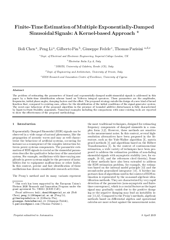 (PDF) Finite-time estimation of multiple exponentially-damped sinusoidal signals: A kernel-based ...