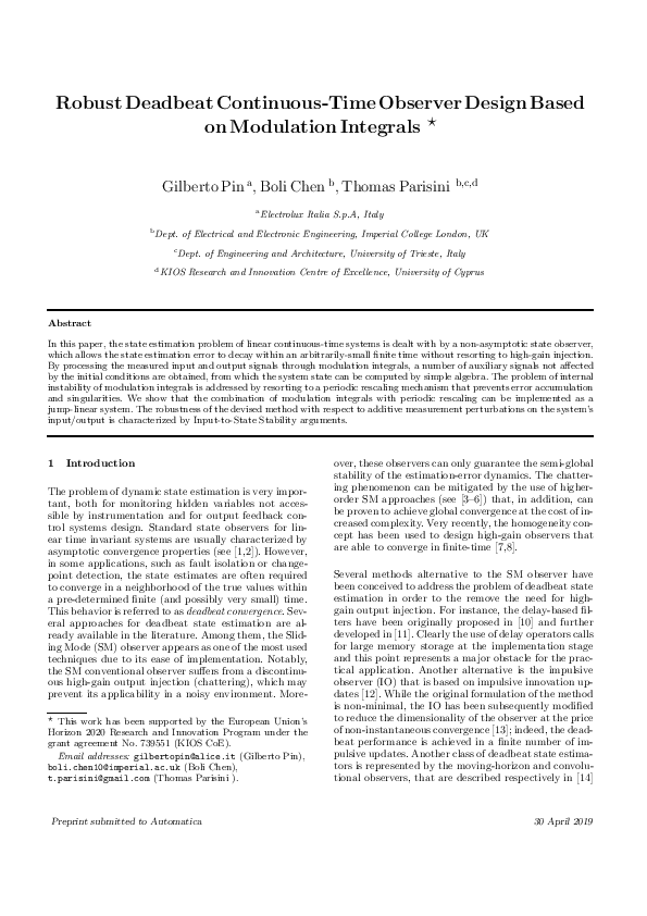(PDF) Robust deadbeat continuous-time observer design based on modulation integrals | Gilberto ...