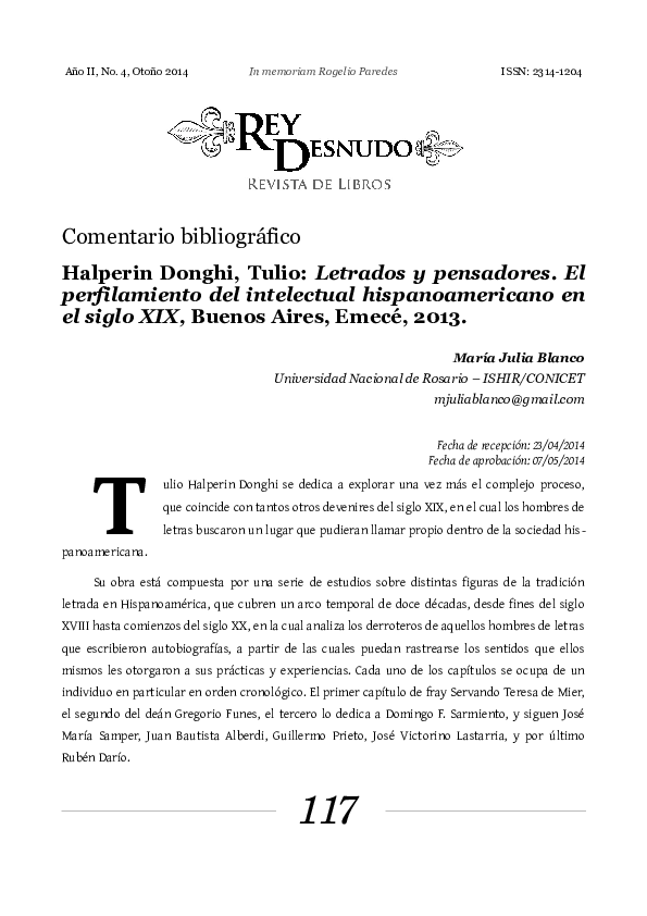 (PDF) Halperin Donghi, Tulio: Letrados y pensadores. El perfilamiento ...