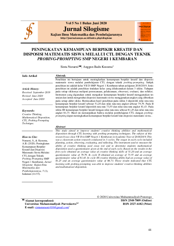 (PDF) Peningkatan Kemampuan Berpikir Kreatif Dan Disposisi Matematis Siswa Melalui CTL Dengan ...