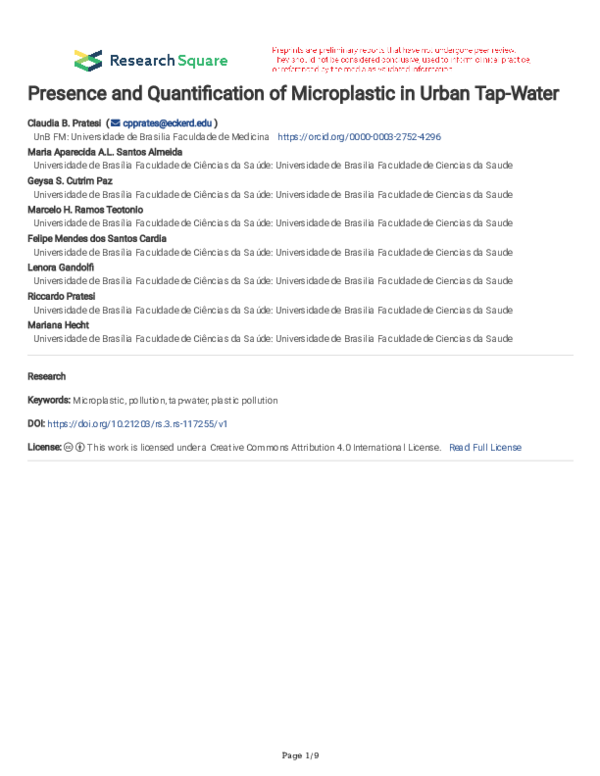 (PDF) Presence and Quantification of Microplastic in Urban Tap-Water