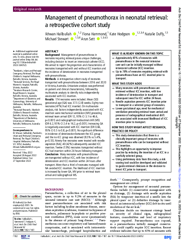 (PDF) Management of pneumothorax in neonatal retrieval: a retrospective ...