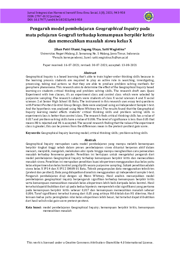 (PDF) Pengaruh model pembelajaran Geographical Inquiry pada mata pelajaran Geografi terhadap ...