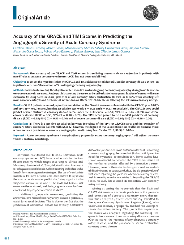 (PDF) Acurácia dos escores GRACE e TIMI na predição da gravidade ...