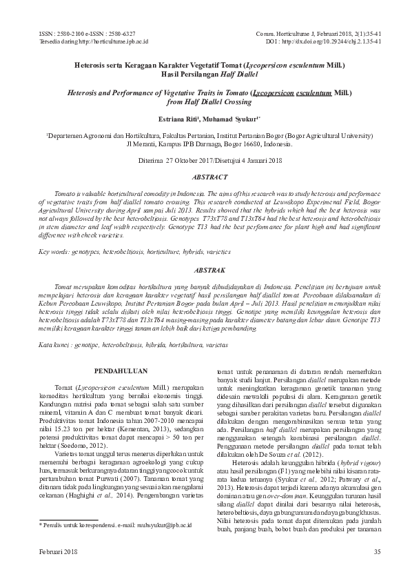 (PDF) Heterosis serta Keragaan Karakter Vegetatif Tomat (Lycopersicon ...