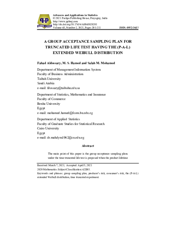 (PDF) A Group Acceptance Sampling Plan for Truncated Life Test Having ...