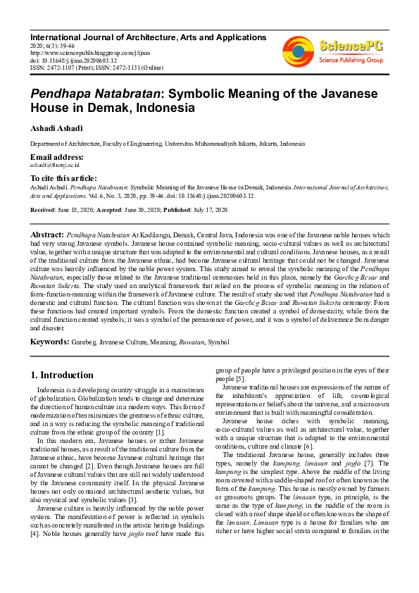 (PDF) Pendhapa Natabratan: Symbolic Meaning of the Javanese House in ...