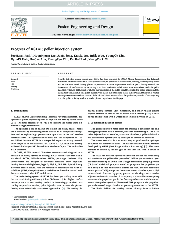 (PDF) Progress of KSTAR pellet injection system