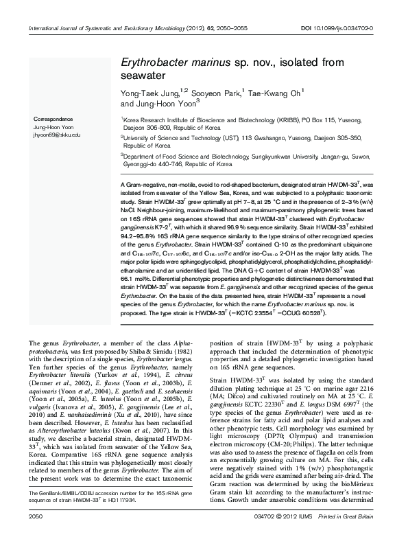 (PDF) Erythrobacter marinus sp. nov., isolated from seawater