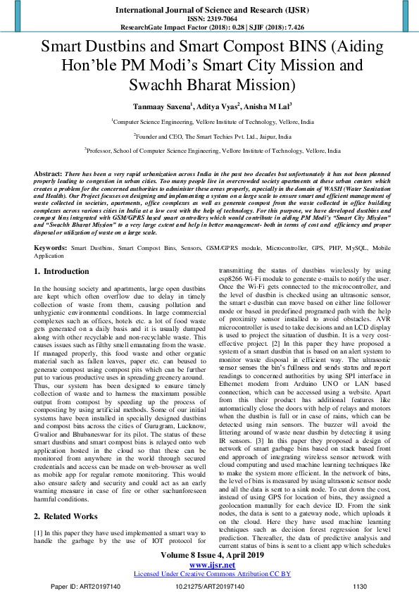 (PDF) Smart Dustbins and Smart Compost BINS ( Aiding Hon ‟ ble PM Modi ‟ s Smart City Mission ...
