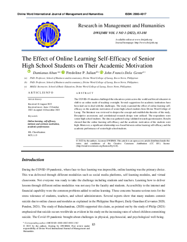(PDF) The Effect of Online Learning Self-Efficacy of Senior High School Students on Their ...