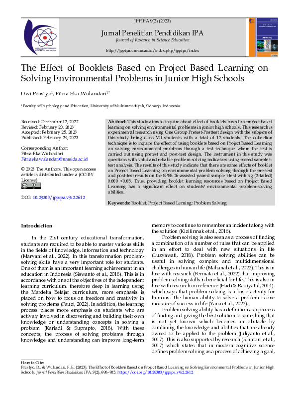 (PDF) Effect of Booklets Based on Project Based Learning on Solving Environmental Problems in ...