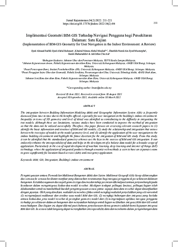 (PDF) Implementation of BIM-GIS Geometry for User Navigation in the Indoor Environment: A Review