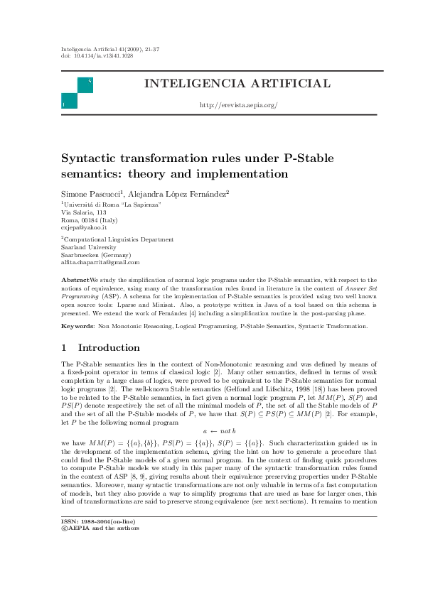 (PDF) Syntactic transformation rules under P-Stable semantics: theory and implementation