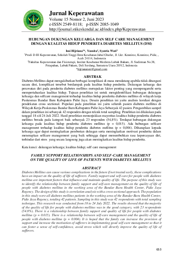 (PDF) Hubungan Dukungan Keluarga dan Self Care Management dengan Kualitas Hidup Penderita ...