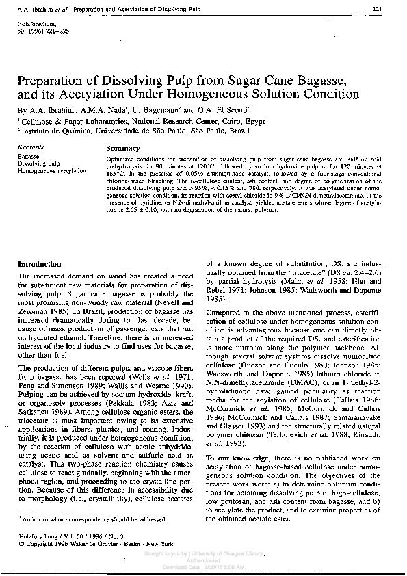 (PDF) Preparation of Dissolving Pulp from Sugar Cane Bagasse, and its ...