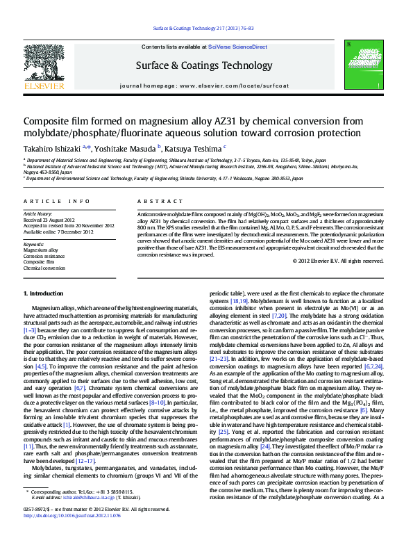 (PDF) Composite film formed on magnesium alloy AZ31 by chemical conversion from molybdate ...