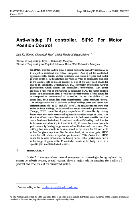 Pdf Anti Windup Pi Controller Sipic For Motor Position Control Mohd Hardie Hidayat Mohyi