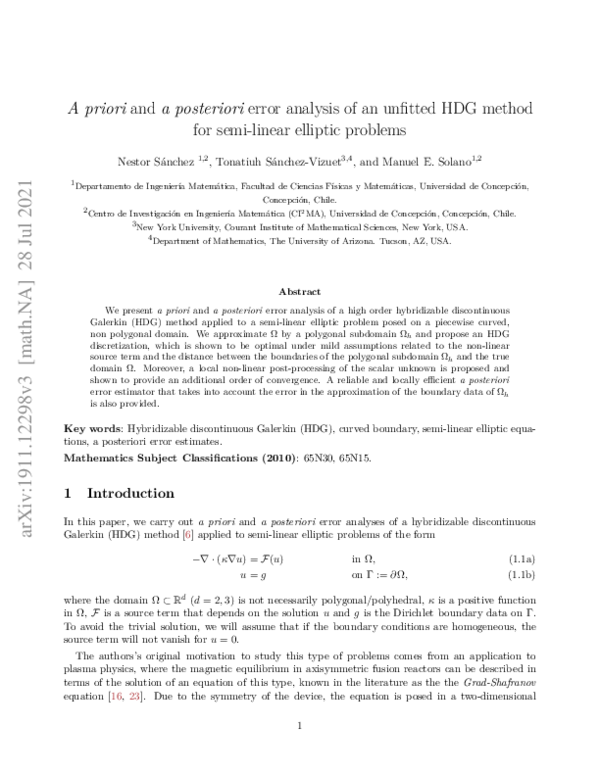 Pdf A Priori And A Posteriori Error Analysis Of An Unfitted Hdg Method For Semi Linear