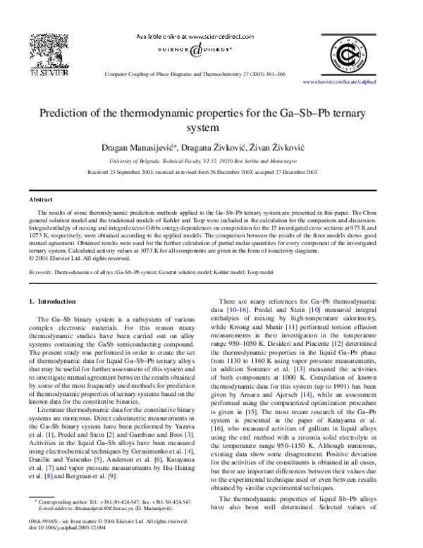 (PDF) Prediction of the thermodynamic properties for the Ga–Sb–Pb ternary system | Živan ...