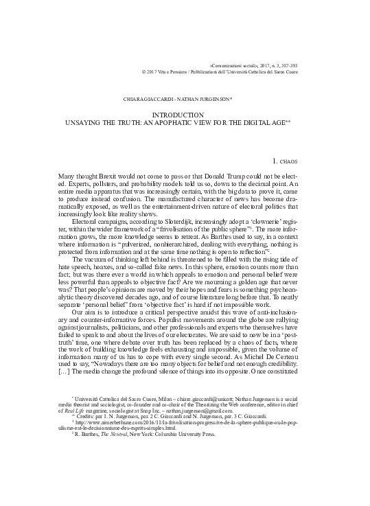 (PDF) Introduction. Unsaying the Truth: An Apophatic View for the ...