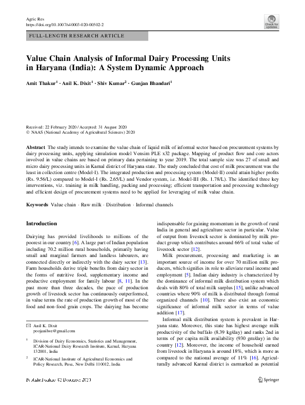 (PDF) Value Chain of Informal Dairy Processing in Haryana