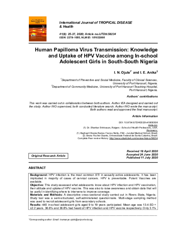 Pdf Human Papilloma Virus Transmission Knowledge And Uptake Of Hpv 4396