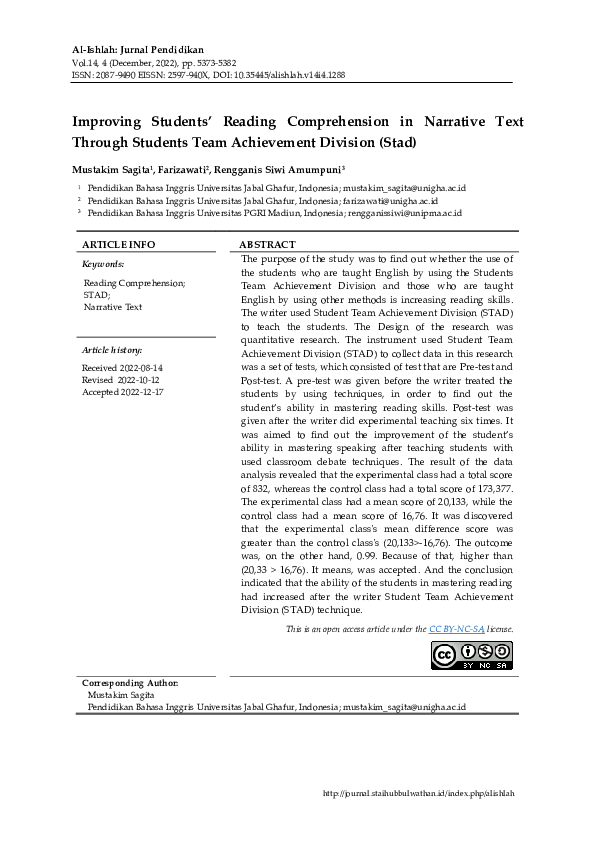 (PDF) Improving Students’ Reading Comprehension in Narrative Text Through Students Team ...