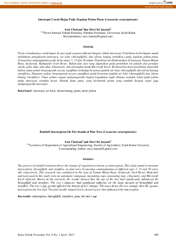 (PDF) Intersepsi Curah Hujan Pada Tegakan Pohon Pinus (Casuarina cunninghamia)