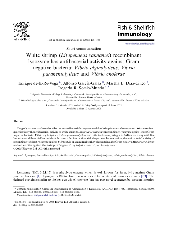 (PDF) White shrimp (Litopenaeus vannamei) recombinant lysozyme has antibacterial activity ...
