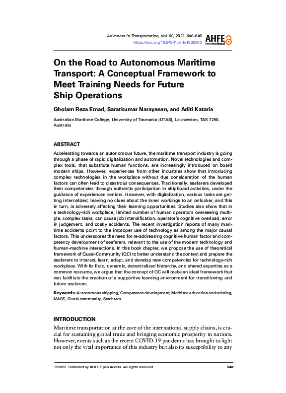 (PDF) On the road to Autonomous Maritime Transport: A conceptual ...