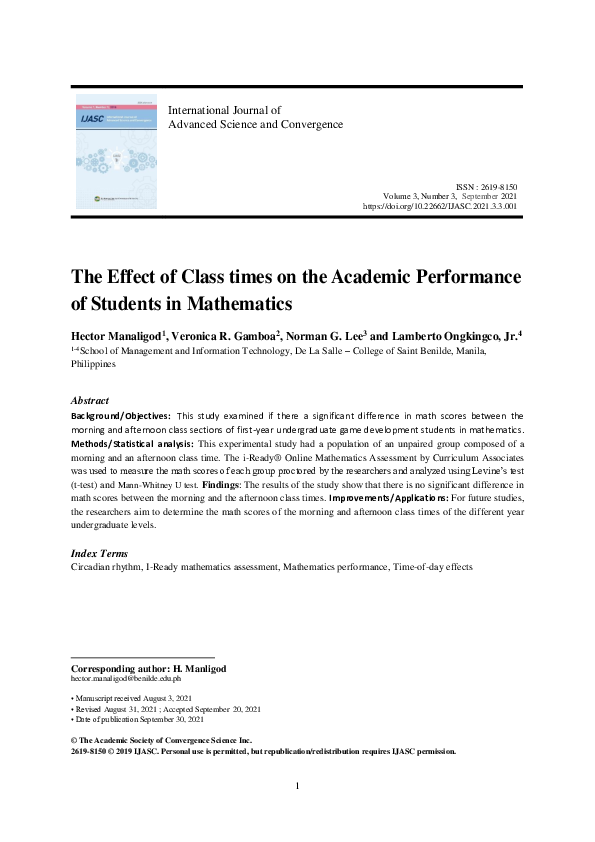 (PDF) The Effect of Class times on the Academic Performance of Students ...