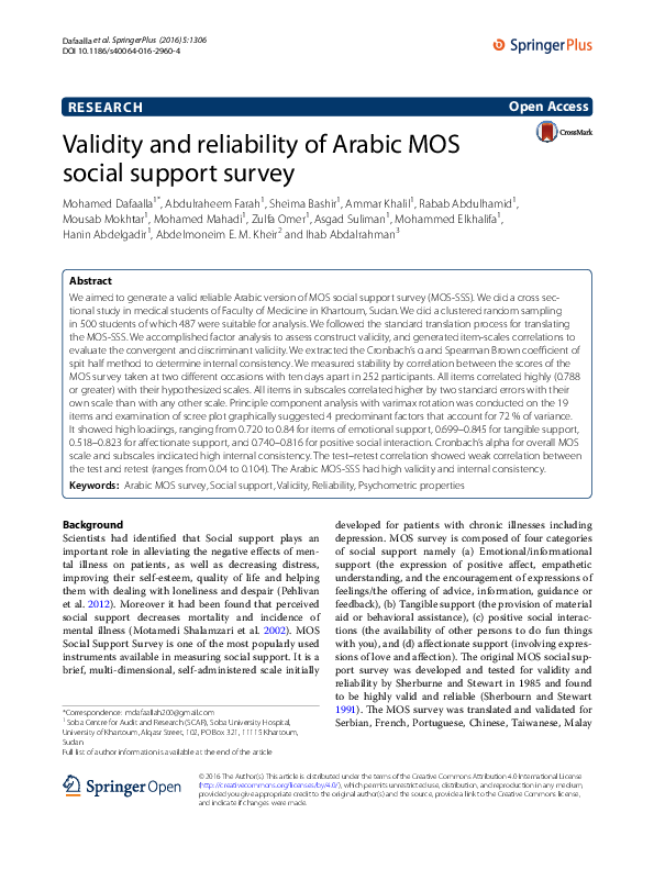 (PDF) Validity and reliability of Arabic MOS social support survey