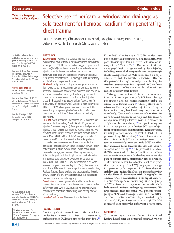 (PDF) Selective use of pericardial window and drainage as sole ...