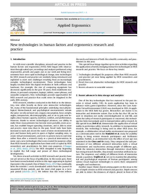(PDF) New technologies in human factors and ergonomics research and ... (PDF) New technologies in human factors and ergonomics research and ...