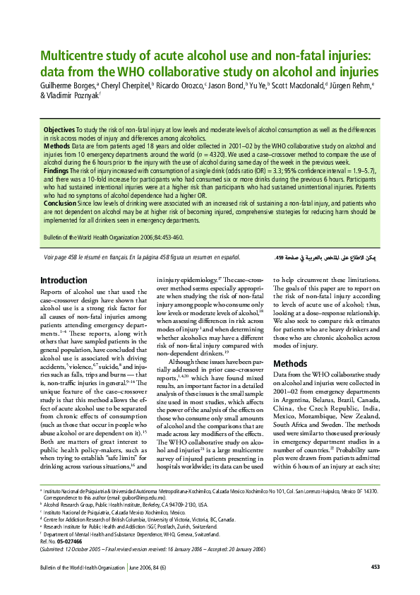 (PDF) Multicentre study of acute alcohol use and non-fatal injuries: data from the WHO ...