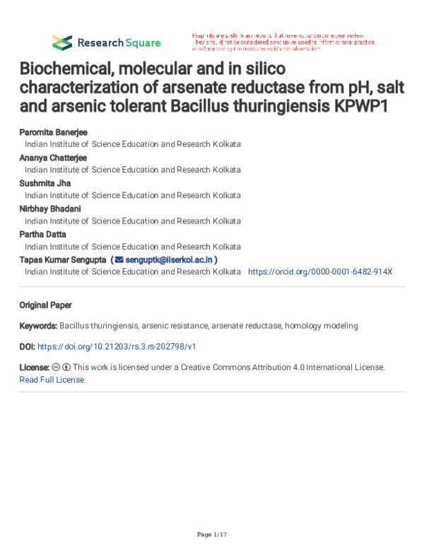 (PDF) Biochemical, molecular and in silico characterization of arsenate ...