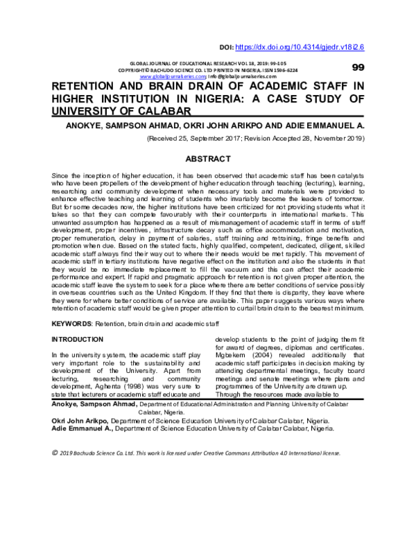 (PDF) Retention and brain drain of academic staff in higher institution ...