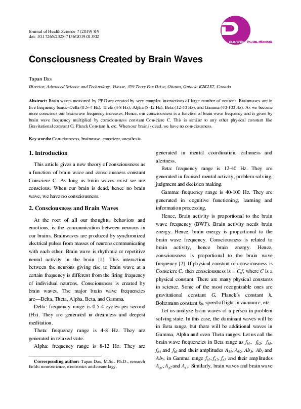 (PDF) Consciousness Created by Brain Waves