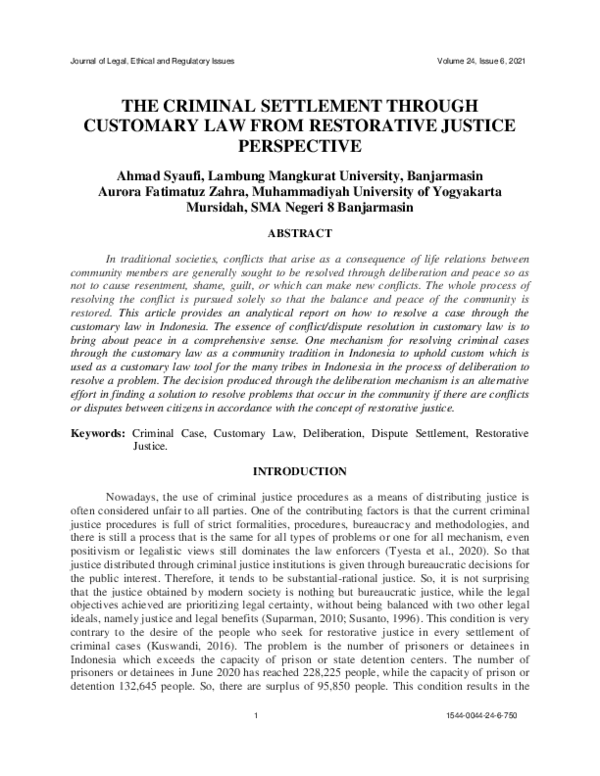(PDF) The Criminal Settlement through Customary Law from Restorative Justice Perspective