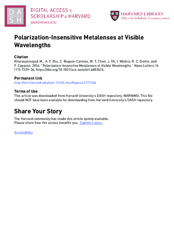 (PDF) Polarization-Insensitive Metalenses at Visible Wavelengths