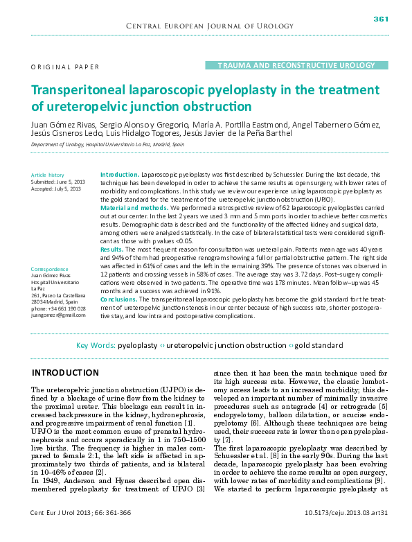 (PDF) Transperitoneal laparoscopic pyeloplasty in the treatment of ...