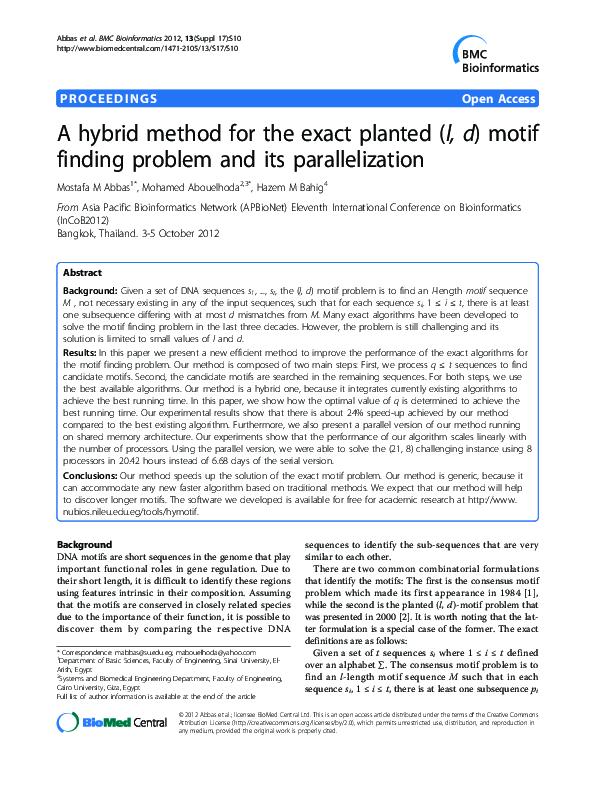 (PDF) A hybrid method for the exact planted (l, d) motif finding problem and its parallelization