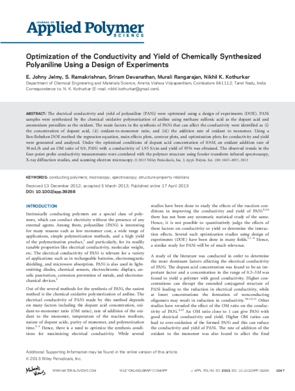 (PDF) Optimization of the conductivity and yield of chemically synthesized polyaniline using a ...