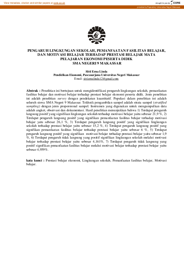 (PDF) Pengaruh Lingkungan Sekolah, Pemanfaatan Fasilitas Belajar, Dan Motivasi Belajar Terhadap ...
